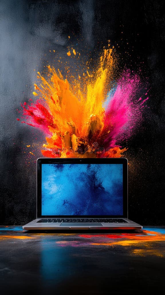 Laptop Exploding with Colorful Paint on Dark Background Stock Photo ...