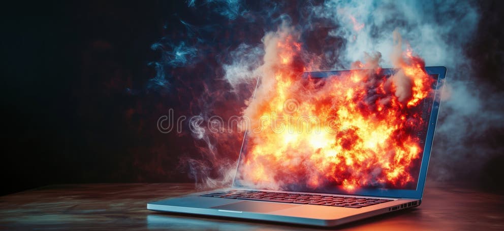 Laptop Exploding with Fire and Smoke Effects Creating Dramatic Visual ...