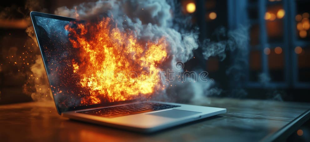 Laptop Exploding with Fire and Smoke Effects in Dramatic Digital Art ...