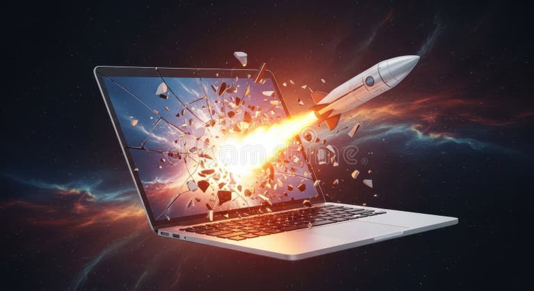 Laptop Exploding with Rocket Launch - Technological Advancement Stock ...