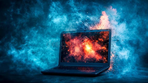 Laptop Exploding with Universe Wallpaper and Smoke Stock Photo - Image ...