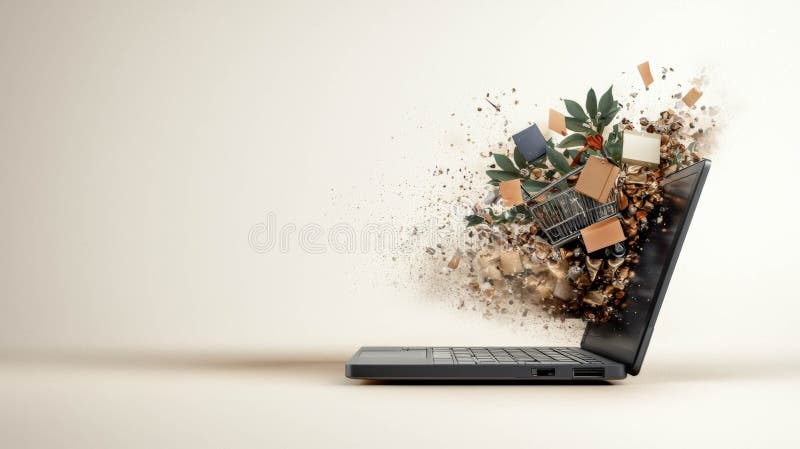 Laptop with Products, Trees and Gift Boxes Exploding from Screen ...