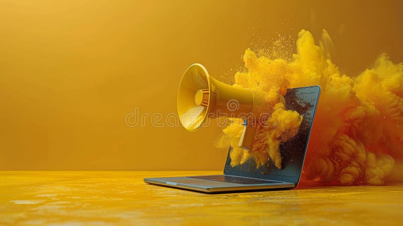 Laptop Explosion with Yellow Megaphone Bursting through Screen, Vivid ...