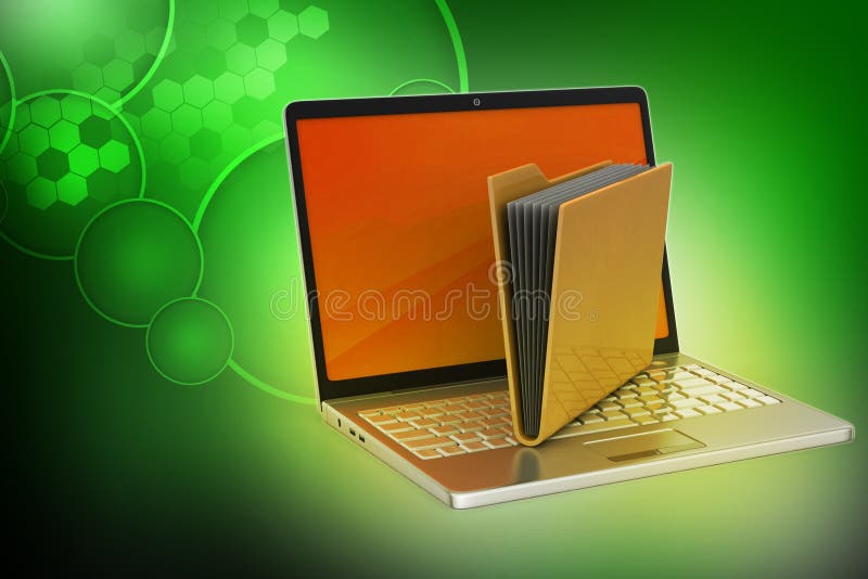 Laptop with file folder stock illustration. Illustration of ...