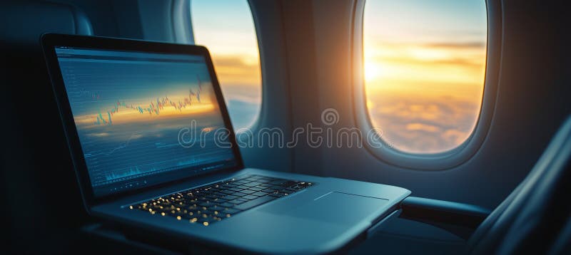 Laptop with Financial Chart on Airplane Tray Table during Sunset Flight ...