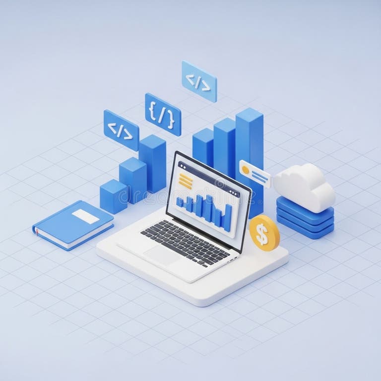 Laptop with Financial Chart, Bar Graph, Book, Cloud, and Code Icons on ...
