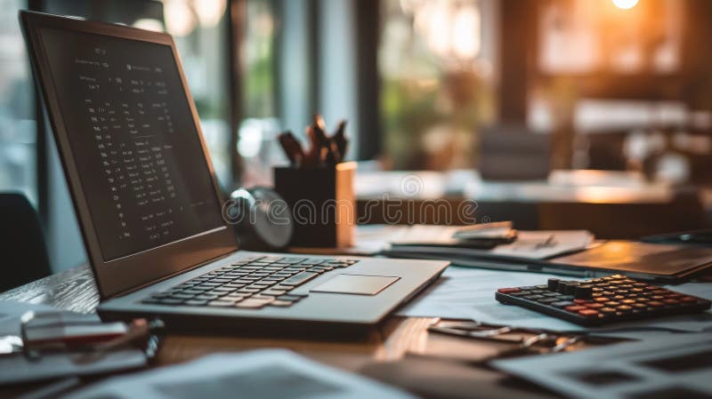 Laptop with Financial Data on Desk in Warm Lighting Stock Image - Image of desk, financial ...