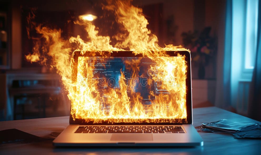 Laptop on Fire with Burning Screen Displaying Code in Dramatic Indoor ...