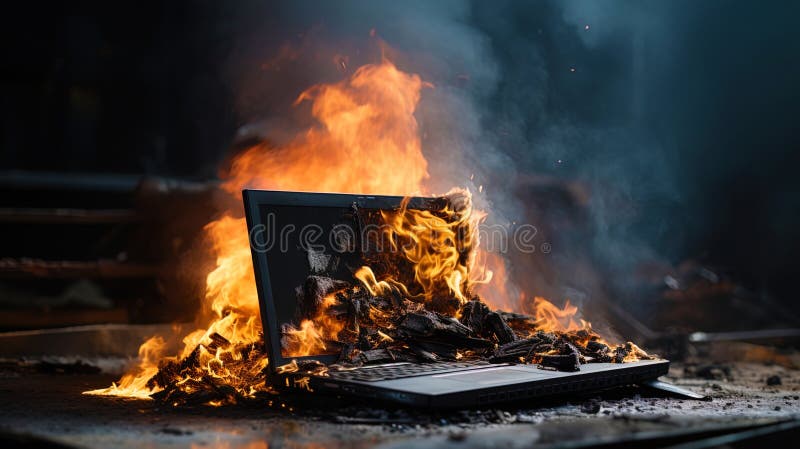 A Laptop in a Fire Caused by the Overload of the System Stock ...