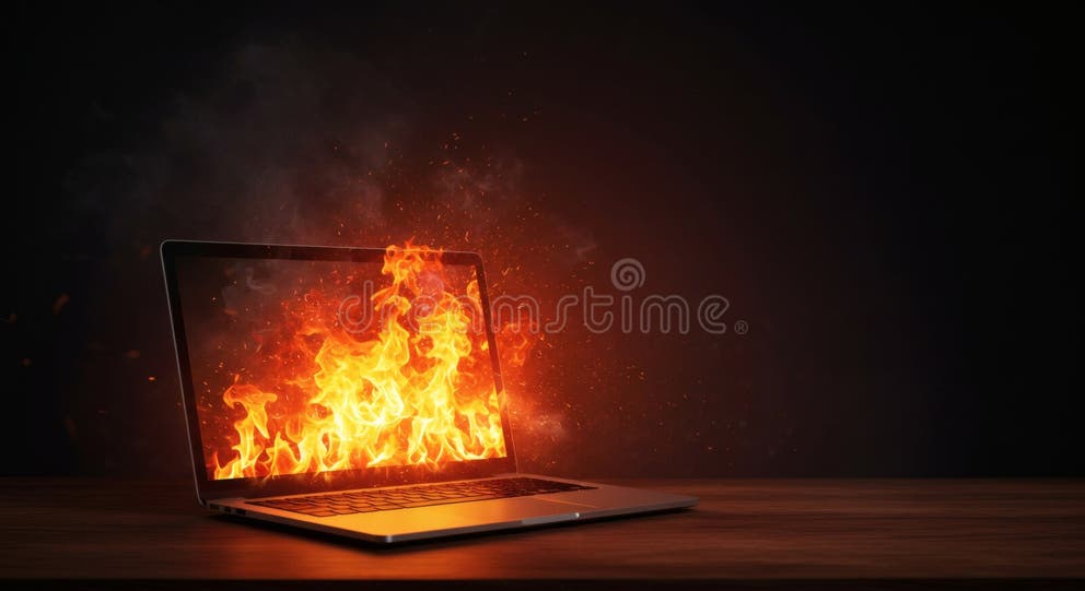 Laptop on Fire Concept Burning Flames and Computer Overheating Issue ...