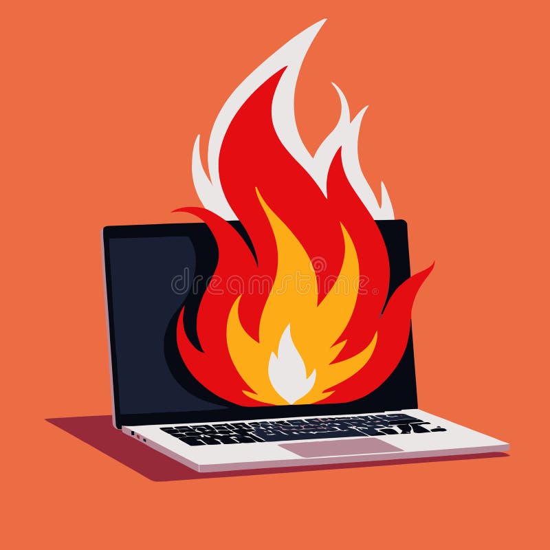 Laptop on Fire, Indicating Computer Overheating and Failure, Vector ...