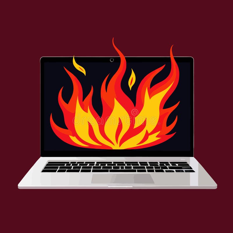 Laptop on Fire, Indicating Computer Overheating and Failure, Vector ...
