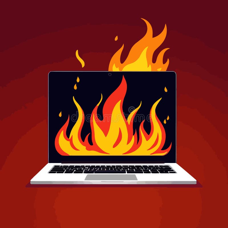Laptop on Fire, Indicating Computer Overheating and Failure, Vector ...