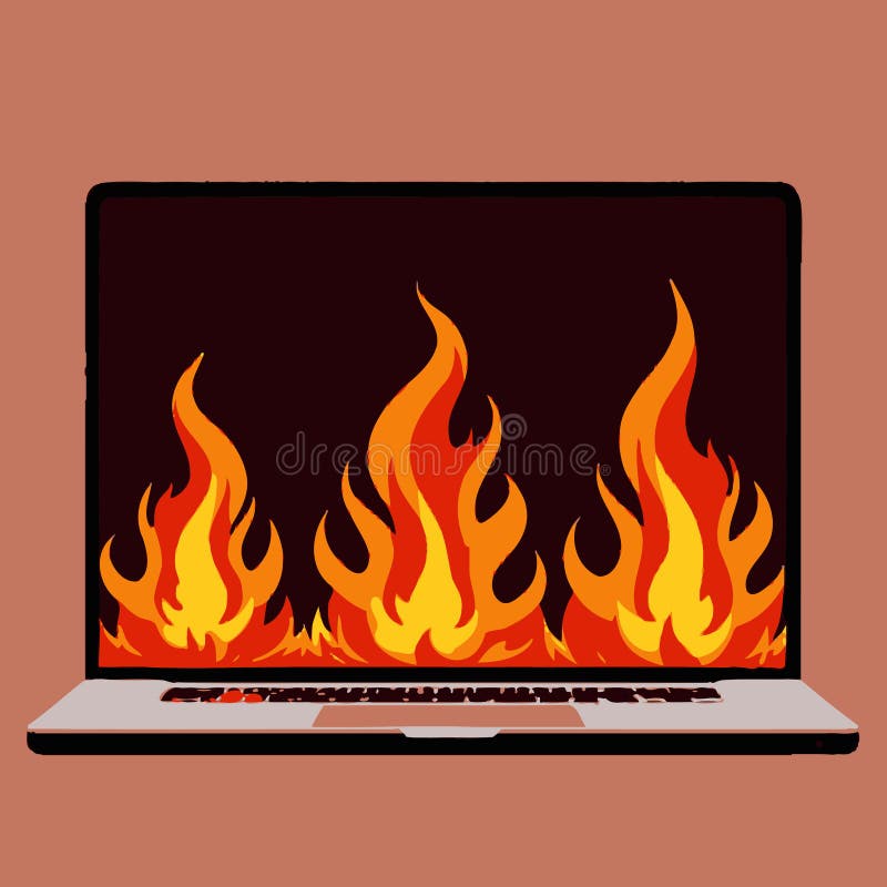 Laptop on Fire, Indicating Computer Overheating and Failure, Vector ...