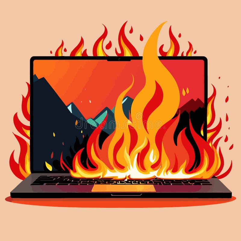 Laptop on Fire, Indicating Computer Overheating and Failure, Vector ...