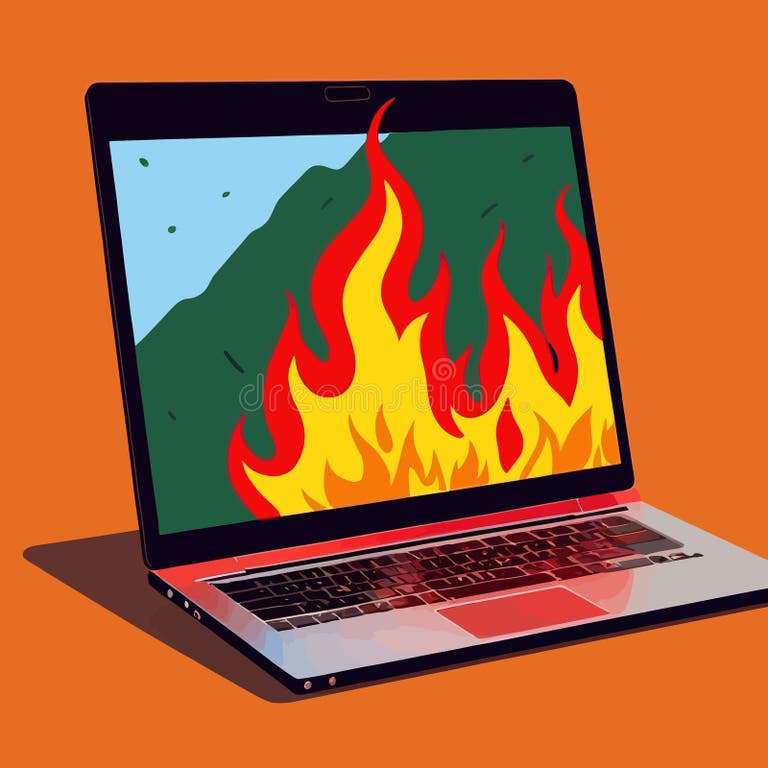 Laptop on Fire, Indicating Computer Overheating and Failure, Vector ...