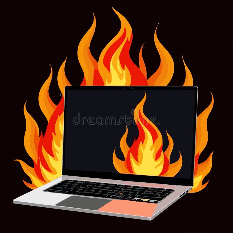 Laptop on Fire, Indicating Computer Overheating and Failure, Vector ...