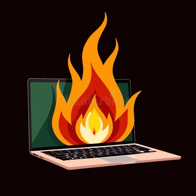 Laptop on Fire, Indicating Computer Overheating and Failure, Vector ...