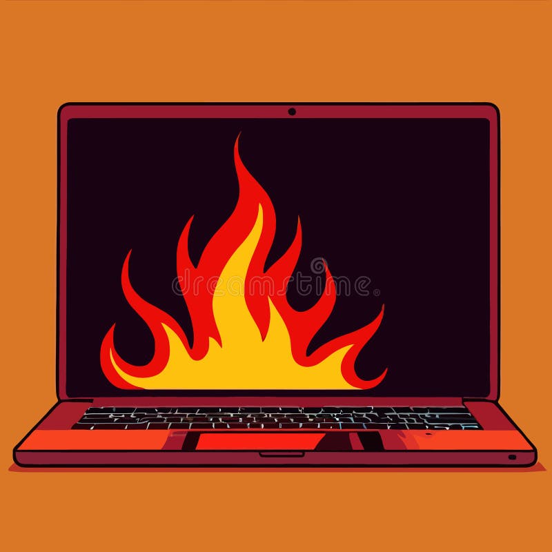 Laptop on Fire, Indicating Computer Overheating and Failure, Vector ...