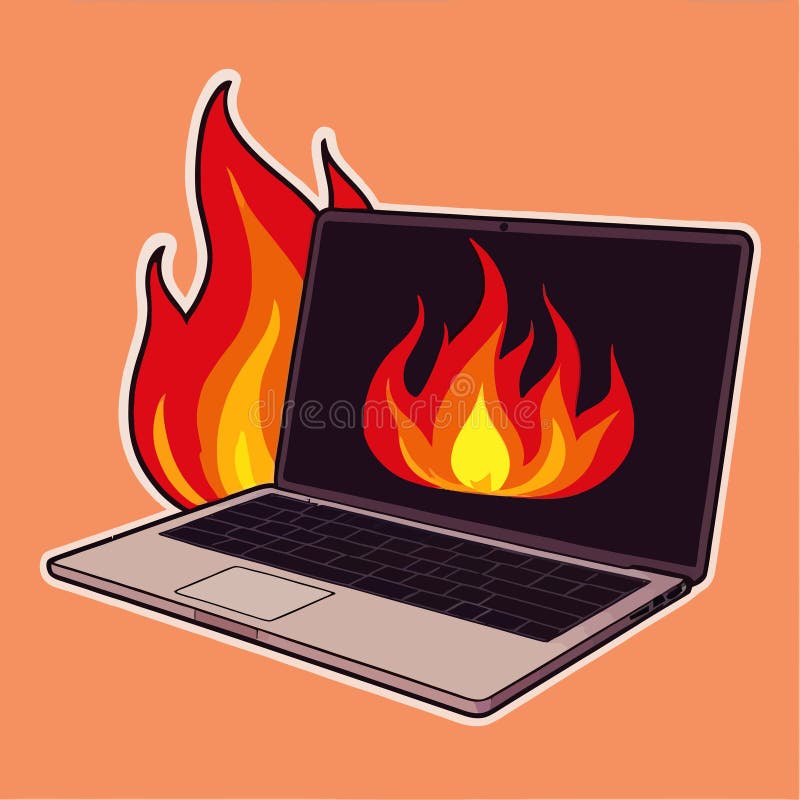 Laptop on Fire, Indicating Computer Overheating and Failure, Vector ...