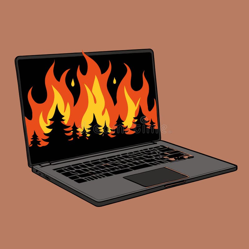 Laptop on Fire, Indicating Computer Overheating and Failure, Vector ...