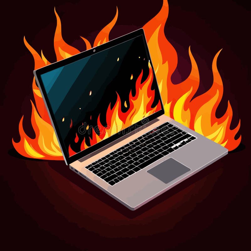 Laptop on Fire, Indicating Computer Overheating and Failure, Vector ...