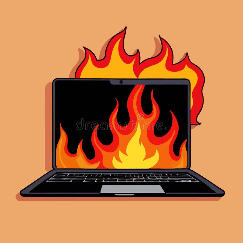 Laptop on Fire, Indicating Computer Overheating and Failure, Vector ...