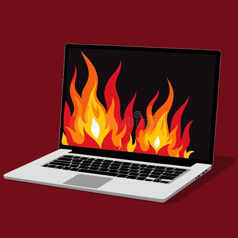 Laptop on Fire, Indicating Computer Overheating and Failure, Vector ...