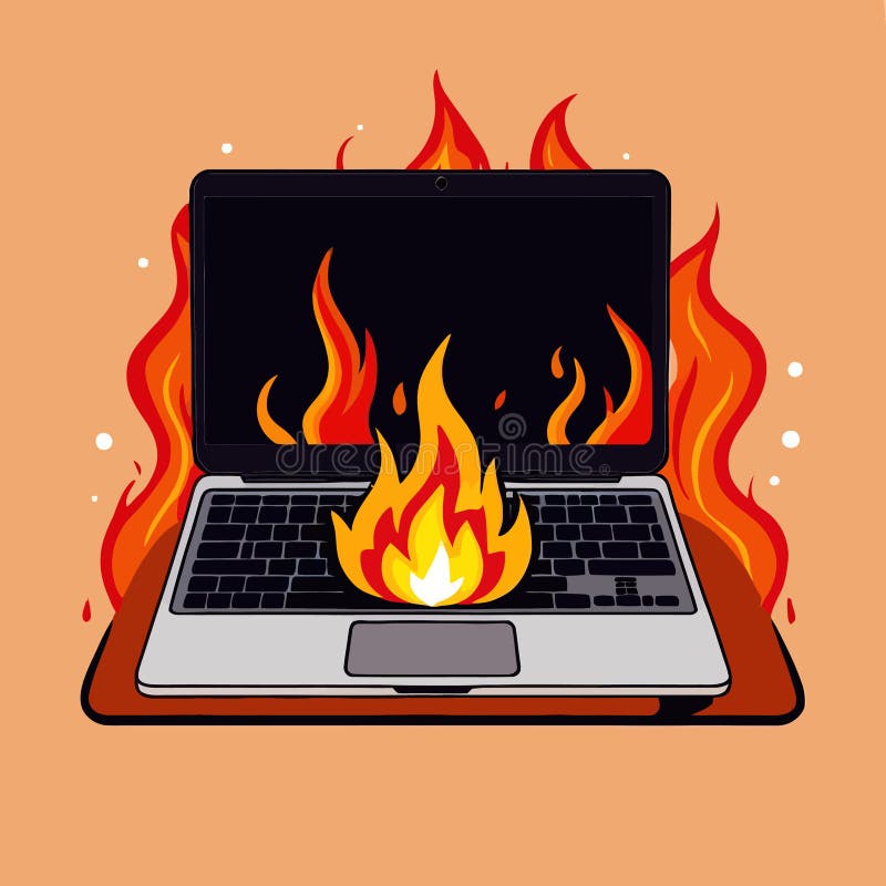 Laptop on Fire, Indicating Computer Overheating and Failure, Vector ...
