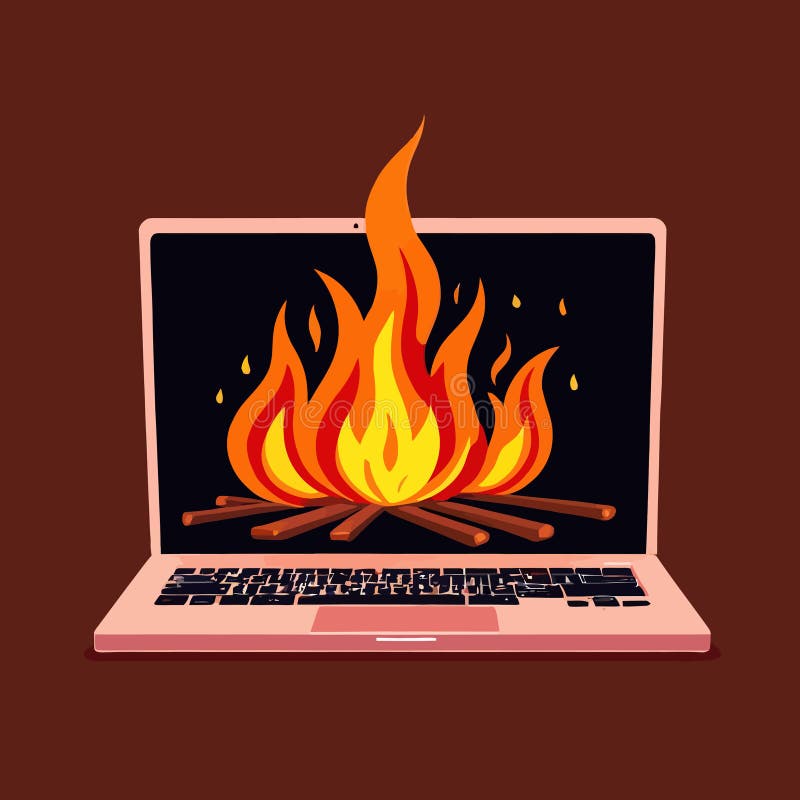 Laptop on Fire, Indicating Computer Overheating and Failure, Vector ...