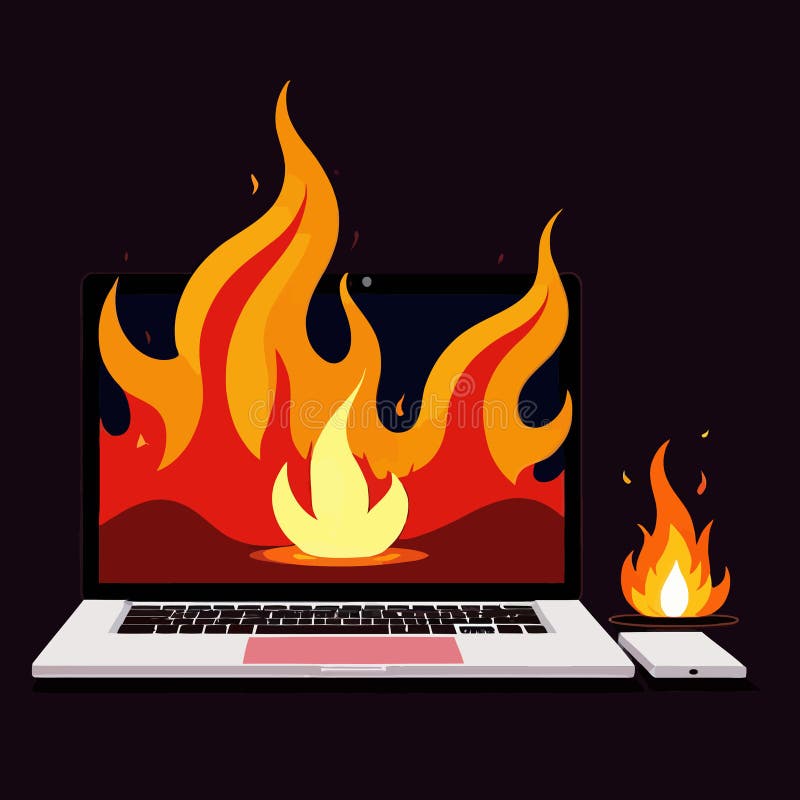 Laptop on Fire, Indicating Computer Overheating and Failure, Vector ...
