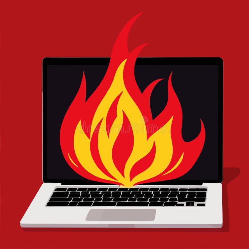 Laptop on Fire, Indicating Computer Overheating and Failure, Vector ...