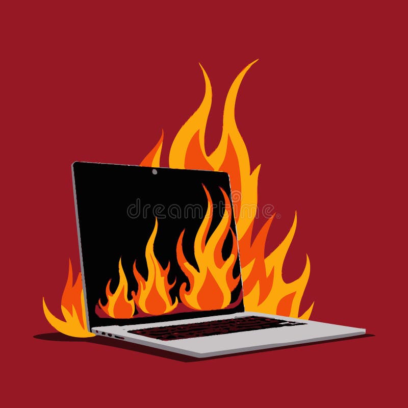 Laptop on Fire, Indicating Computer Overheating and Failure, Vector ...