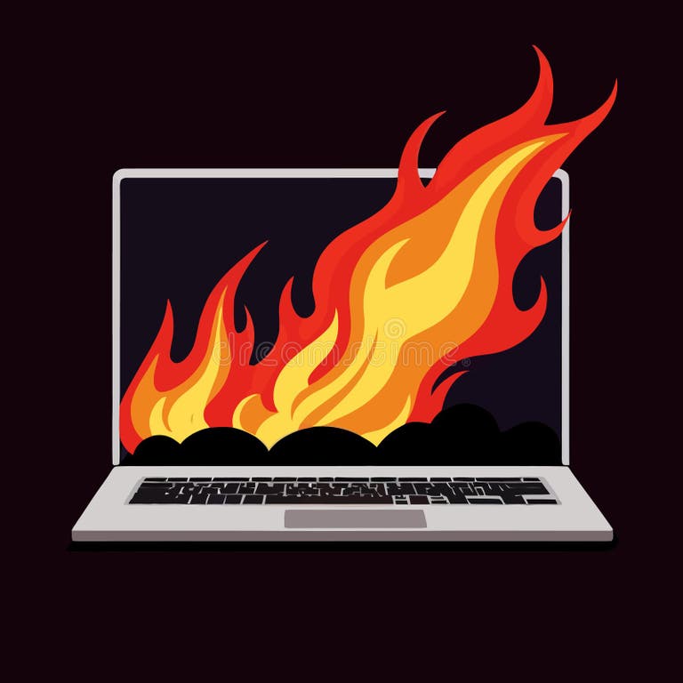 Laptop on Fire, Indicating Computer Overheating and Failure, Vector ...