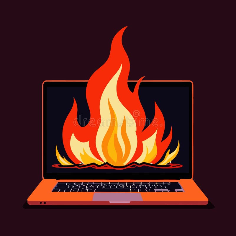 Laptop on Fire, Indicating Computer Overheating and Failure, Vector ...