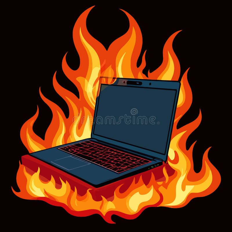 Laptop on Fire, Indicating Computer Overheating and Failure, Vector ...