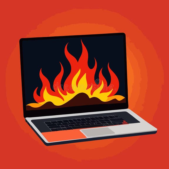 Laptop on Fire, Indicating Computer Overheating and Failure, Vector ...