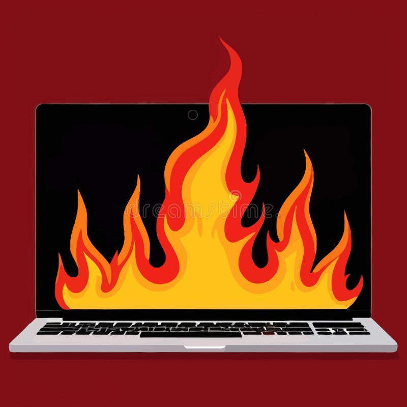 Laptop on Fire, Indicating Computer Overheating and Failure, Vector ...