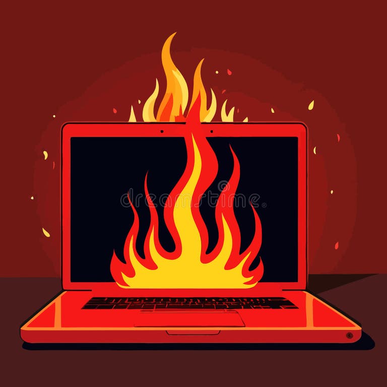 Laptop on Fire, Indicating Computer Overheating and Failure, Vector ...
