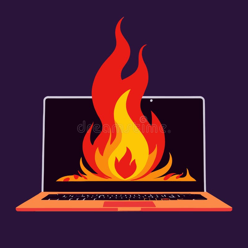 Laptop on Fire, Indicating Computer Overheating and Failure, Vector ...
