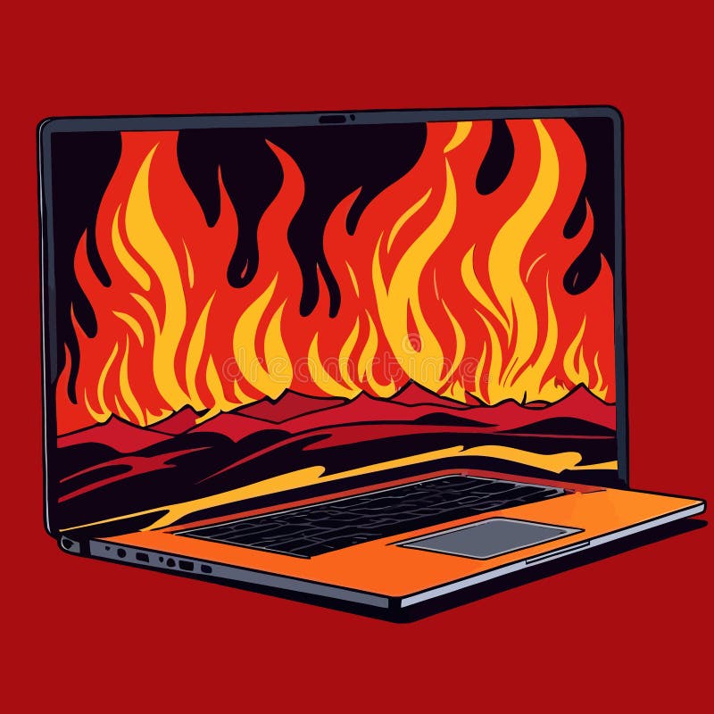 Laptop on Fire, Indicating Computer Overheating and Failure, Vector ...
