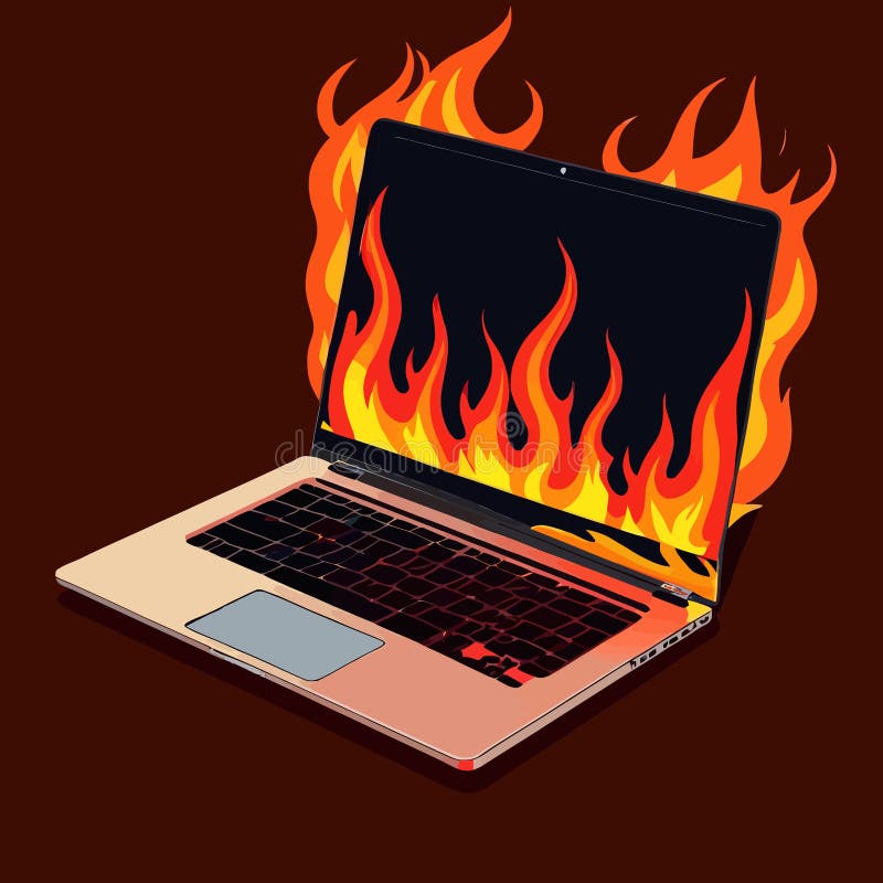 Laptop on Fire, Indicating Computer Overheating and Failure, Vector ...