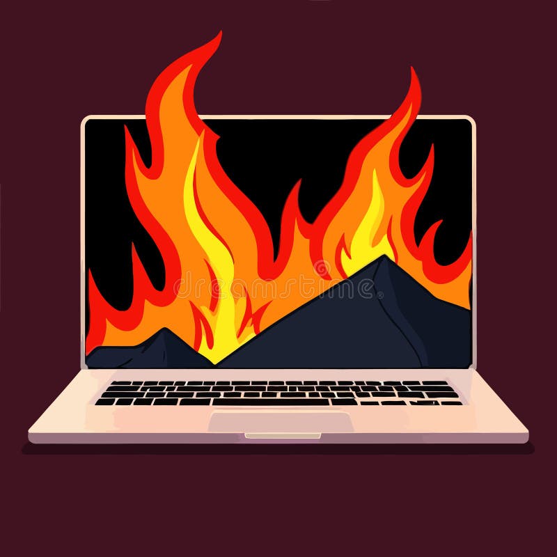 Laptop on Fire, Indicating Computer Overheating and Failure, Vector ...