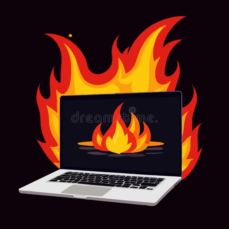 Laptop on Fire, Indicating Computer Overheating and Failure, Vector ...