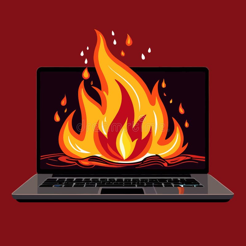Laptop on Fire, Indicating Computer Overheating and Failure, Vector ...