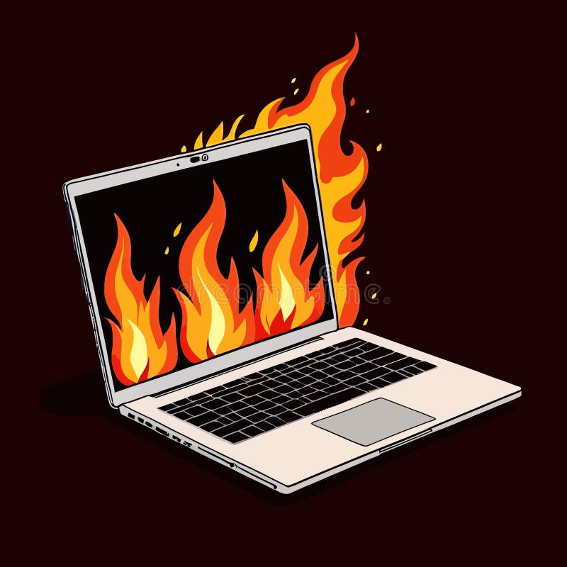 Laptop on Fire, Indicating Computer Overheating and Failure, Vector ...