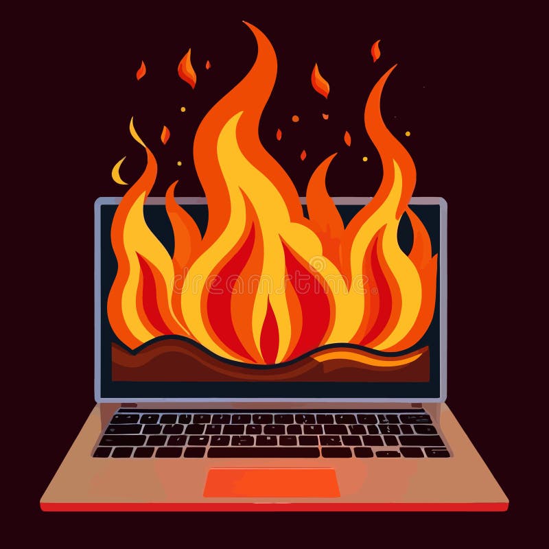 Laptop on Fire, Indicating Computer Overheating and Failure, Vector ...