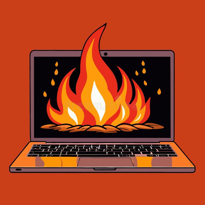 Laptop on Fire, Indicating Computer Overheating and Failure, Vector ...