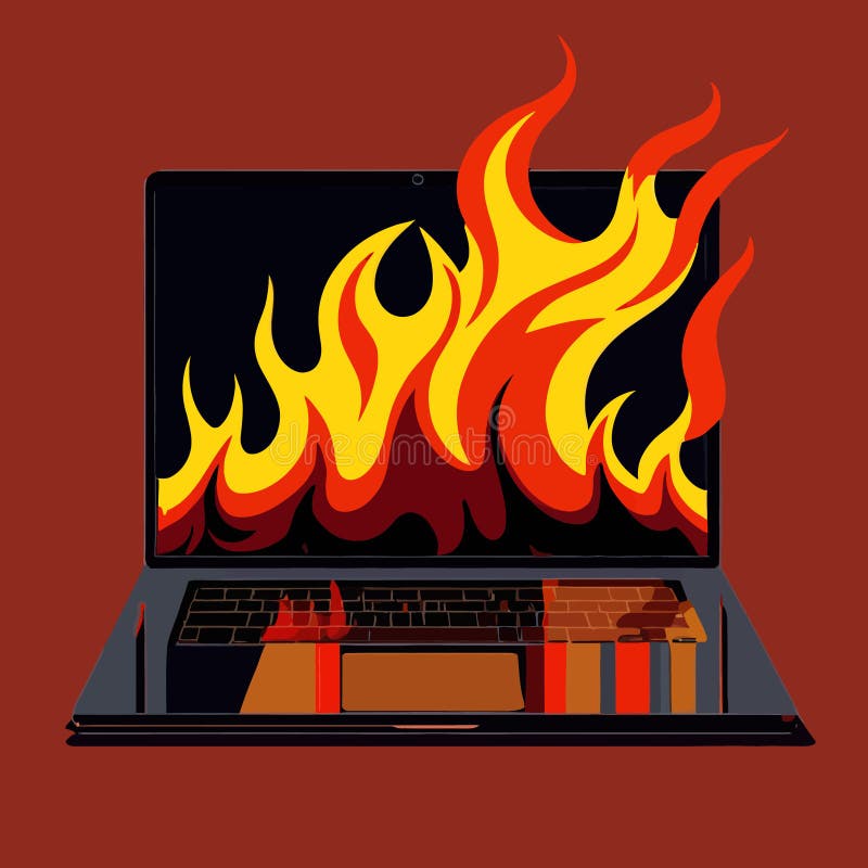 Laptop on Fire, Indicating Computer Overheating and Failure, Vector ...