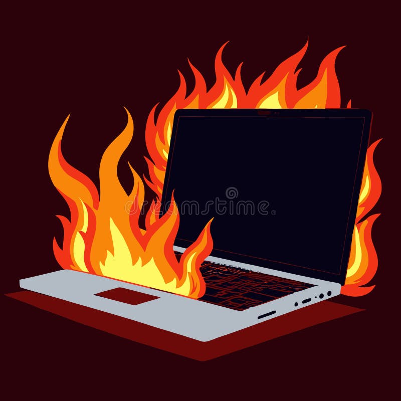 Laptop on Fire, Indicating Computer Overheating and Failure, Vector ...